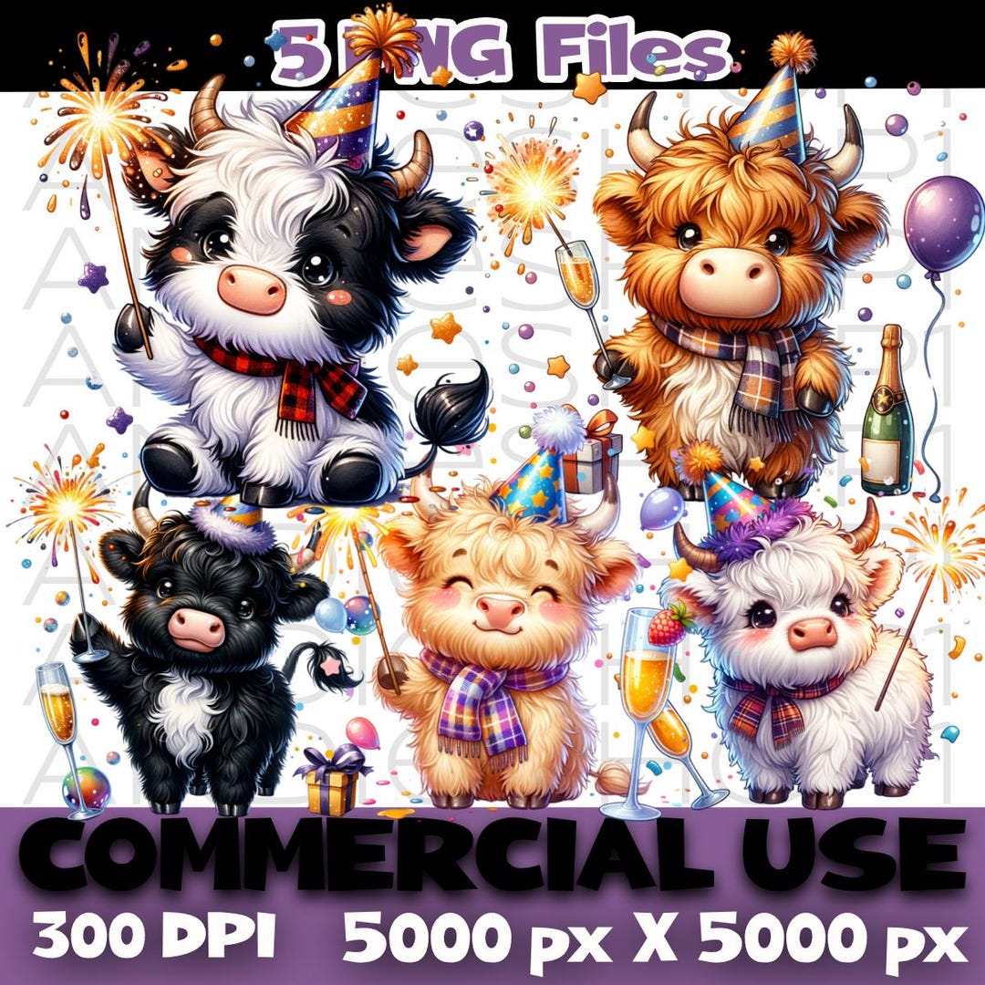 New Year Highland Cow PNG Bundle: Party Hat, Confetti, Champagne ...