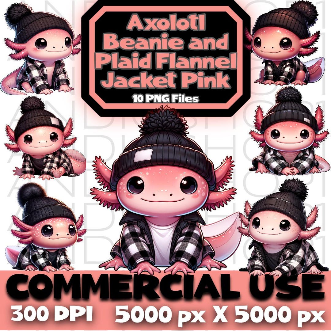 Axolotl Beanie and Plaid Flannel Jacket Pink Bundle PNG, Digital ...