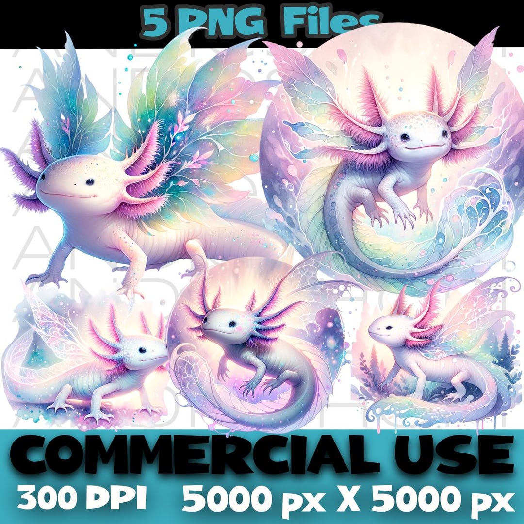 Ethereal Axolotl With Dragon Wings PNG Bundle, Fantasy Cute Amphibian ...