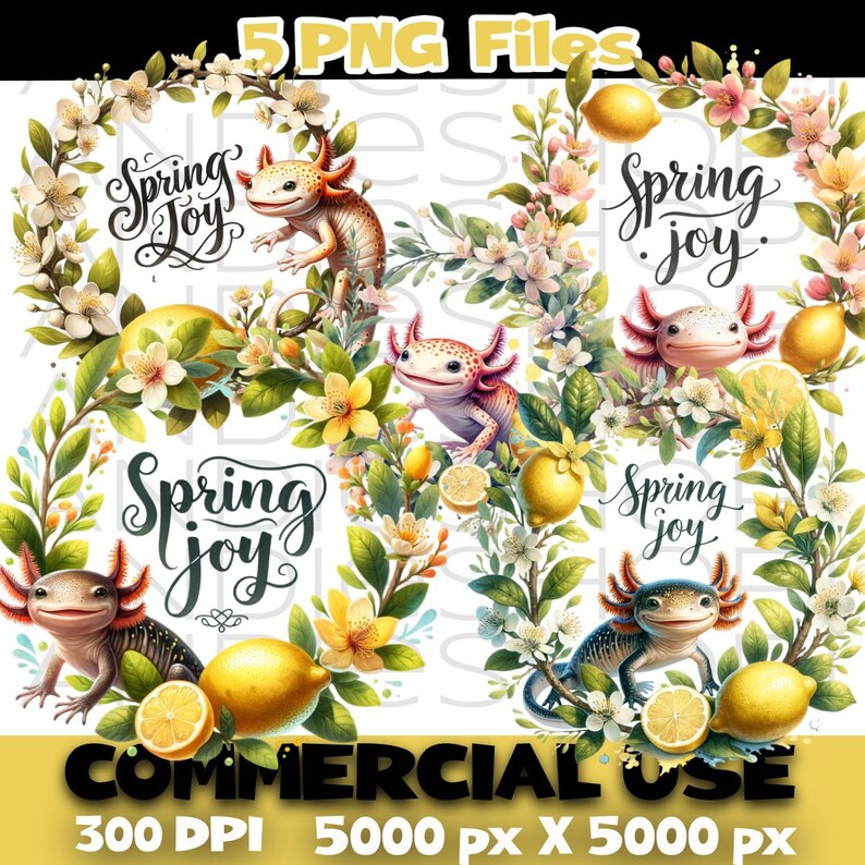 Axolotl Lemon Blossom Wreath PNG Bundle Spring Floral Clipart - Etsy
