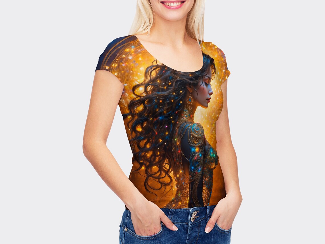 Oil Style Digital Art Neon Strings Woman in Gold Heart Background ...