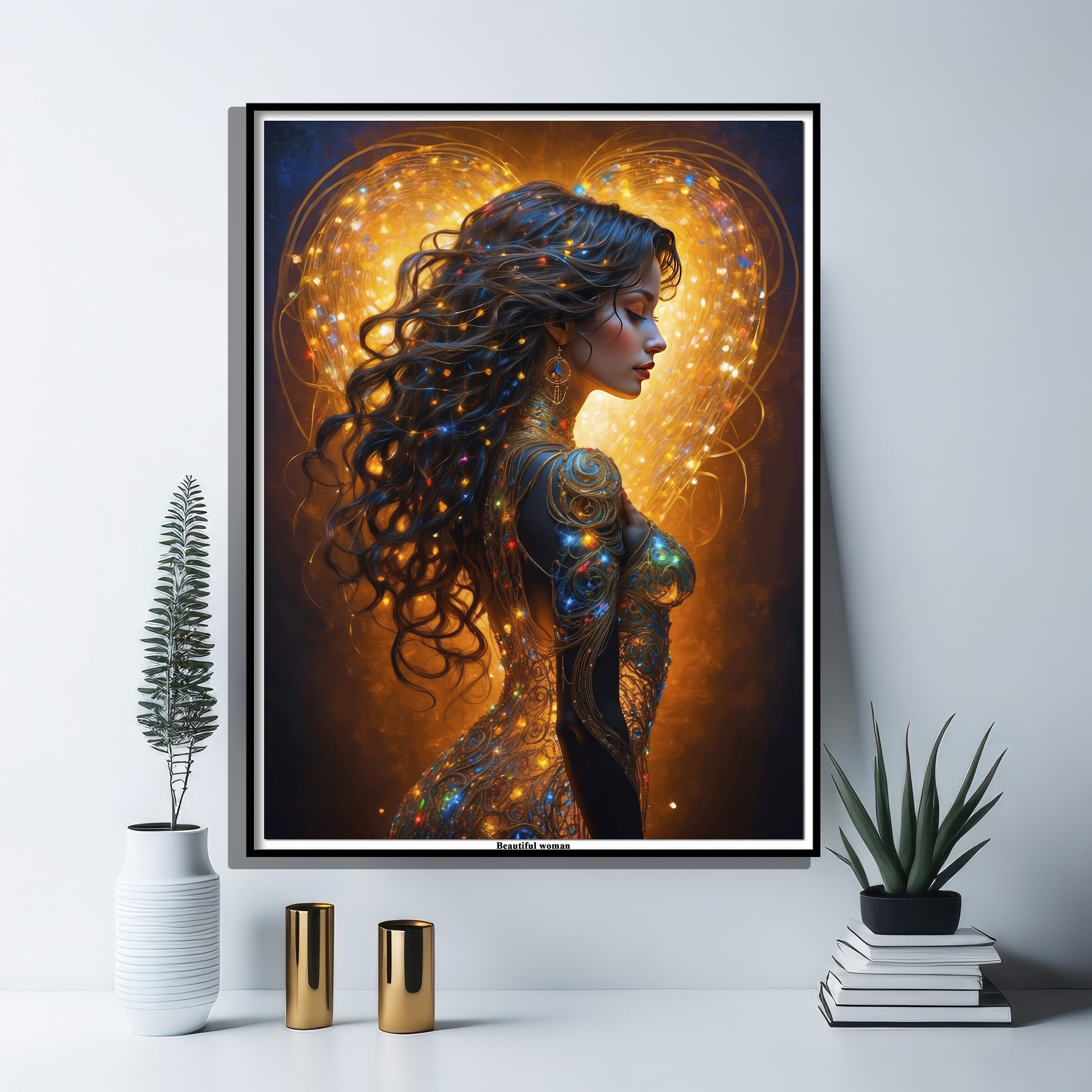 Oil Style Digital Art Neon Strings Woman in Gold Heart Background ...