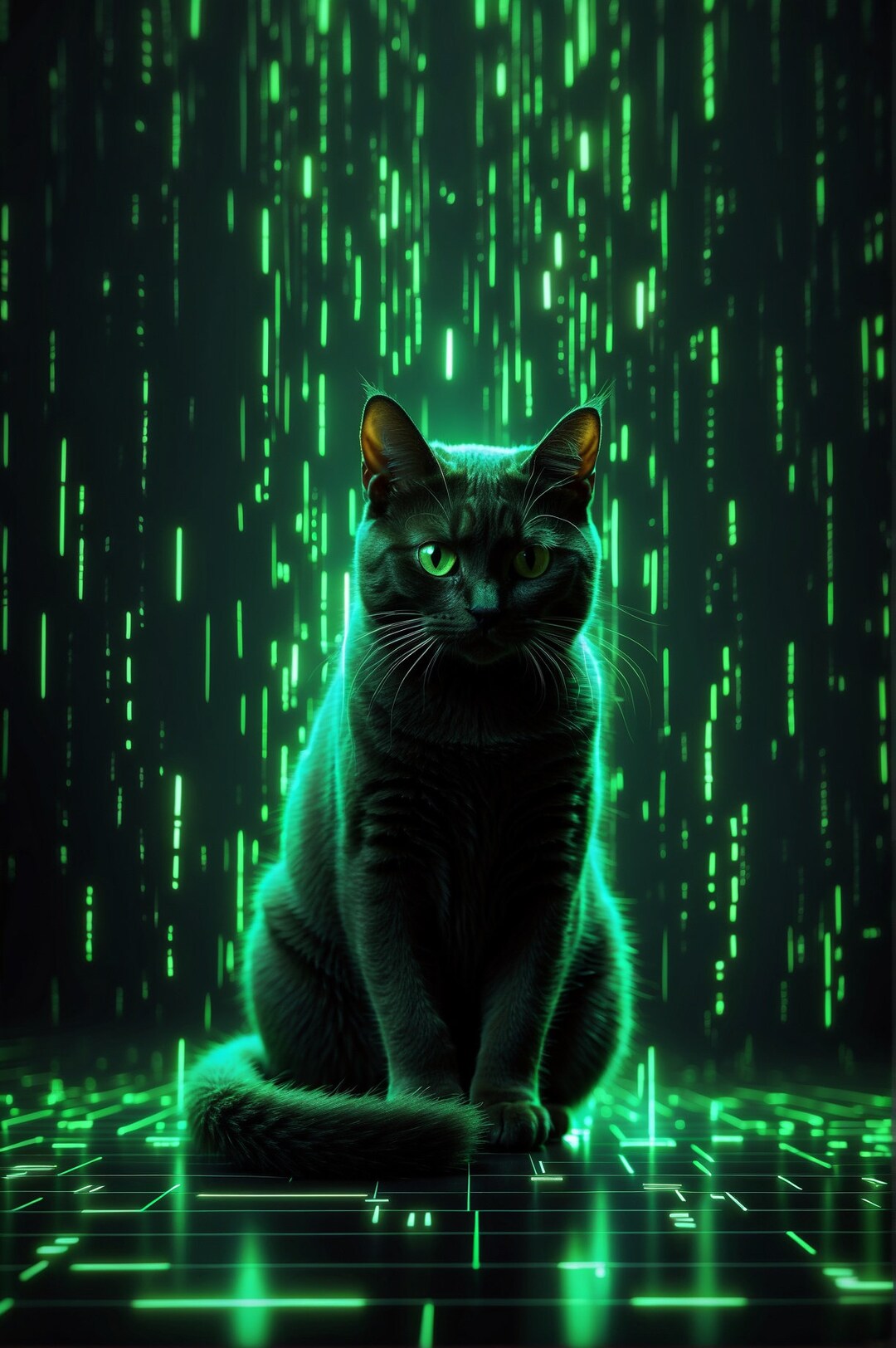 Binary Code Cat Portrait in the Green Lines, Pet Cat Art in the Matrix ...