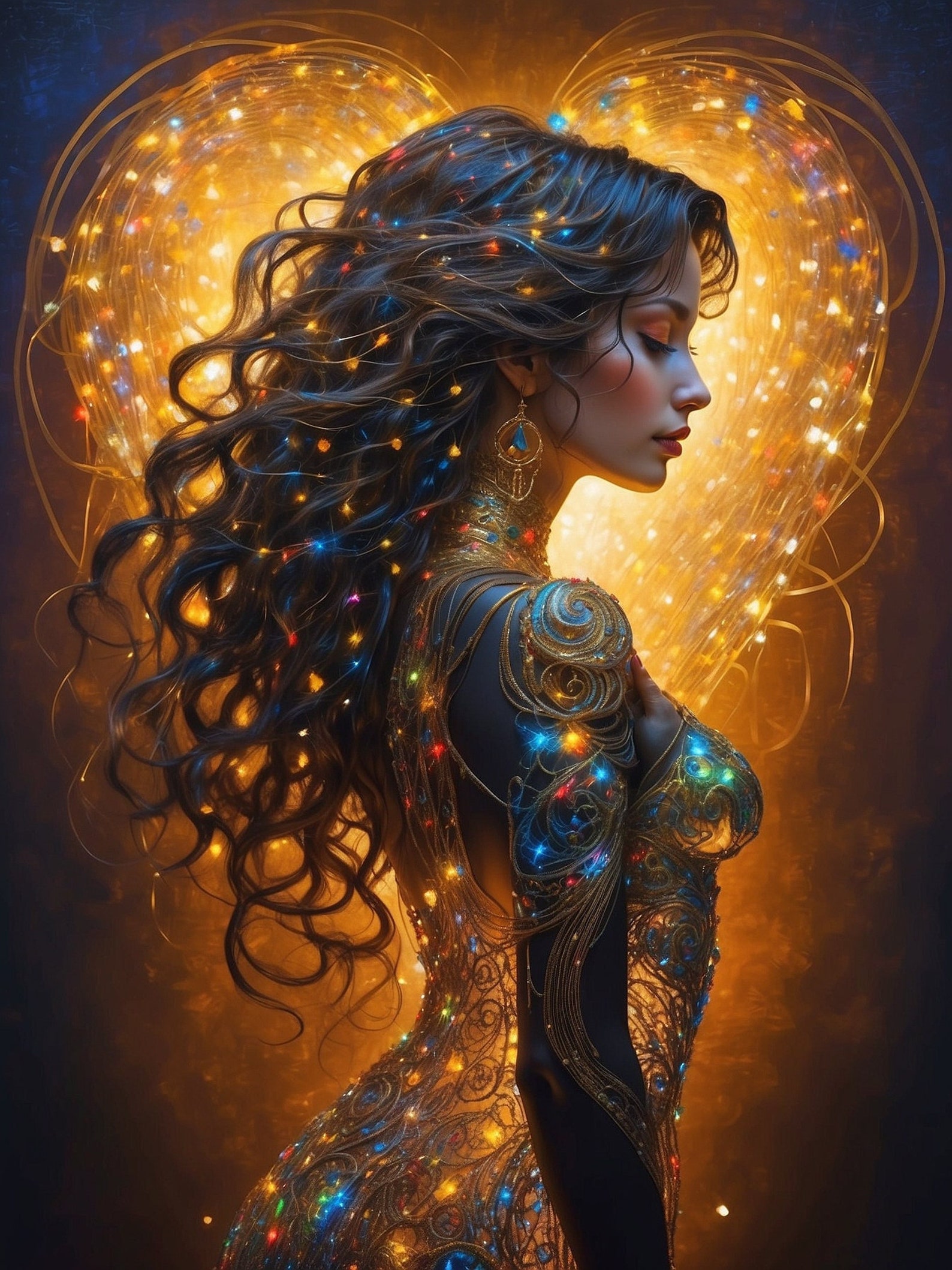 Oil Style Digital Art Neon Strings Woman in Gold Heart Background ...
