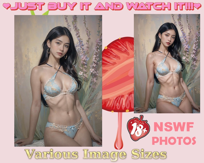 Asian Nude NSFW Woman Model in Sexy Light Blue Floral Lace Lingerie Set, Sexiest Bra Panty, Gold ...