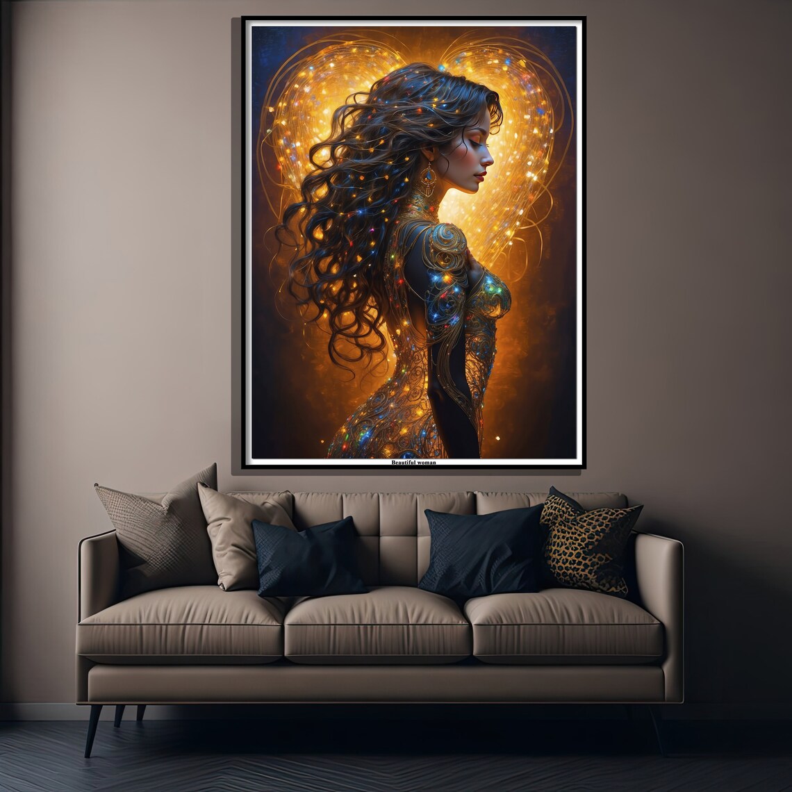Oil Style Digital Art Neon Strings Woman in Gold Heart Background ...
