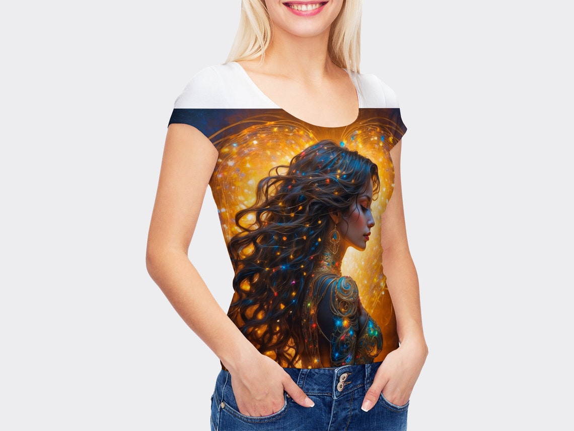 Oil Style Digital Art Neon Strings Woman in Gold Heart Background ...