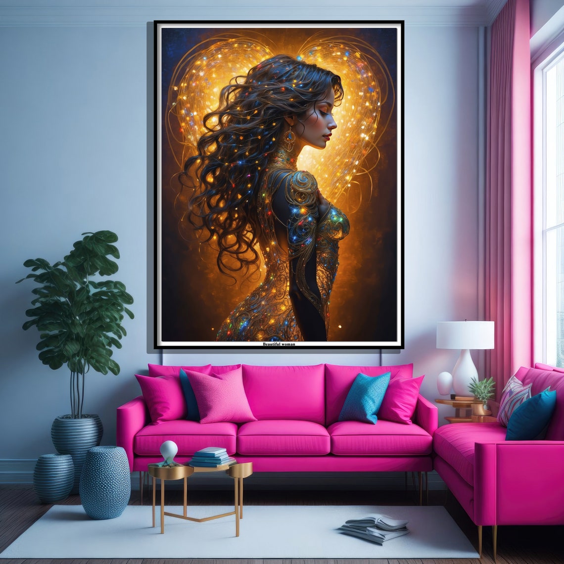Oil Style Digital Art Neon Strings Woman in Gold Heart Background ...
