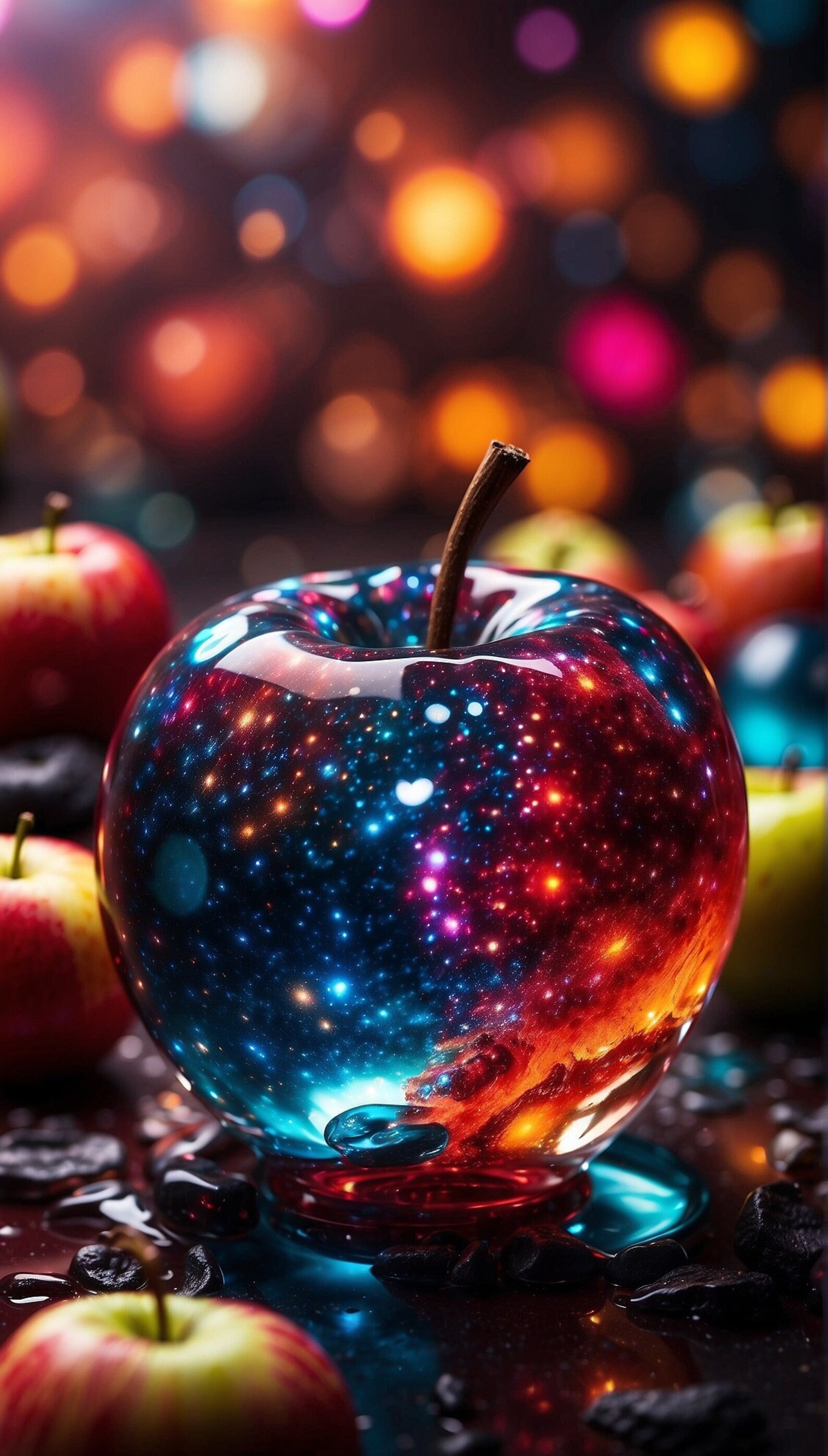 Space Stars and Galaxies Inside a Crystal Apple, Shallow Depth of Field ...