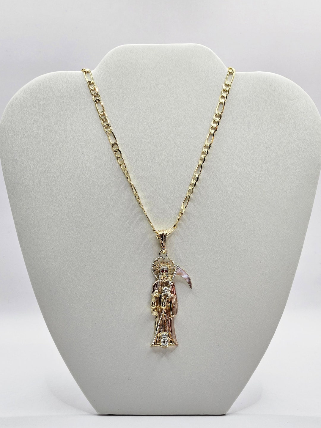 Santa Muerte Pendant W/ Figaro Chain Pendiente Dije De Santa - Etsy