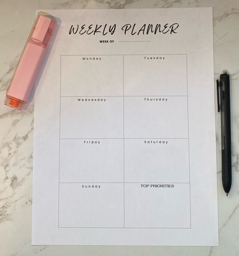 Simple Weekly One Page Planner, Instant Download, Todo List, Weekly ...