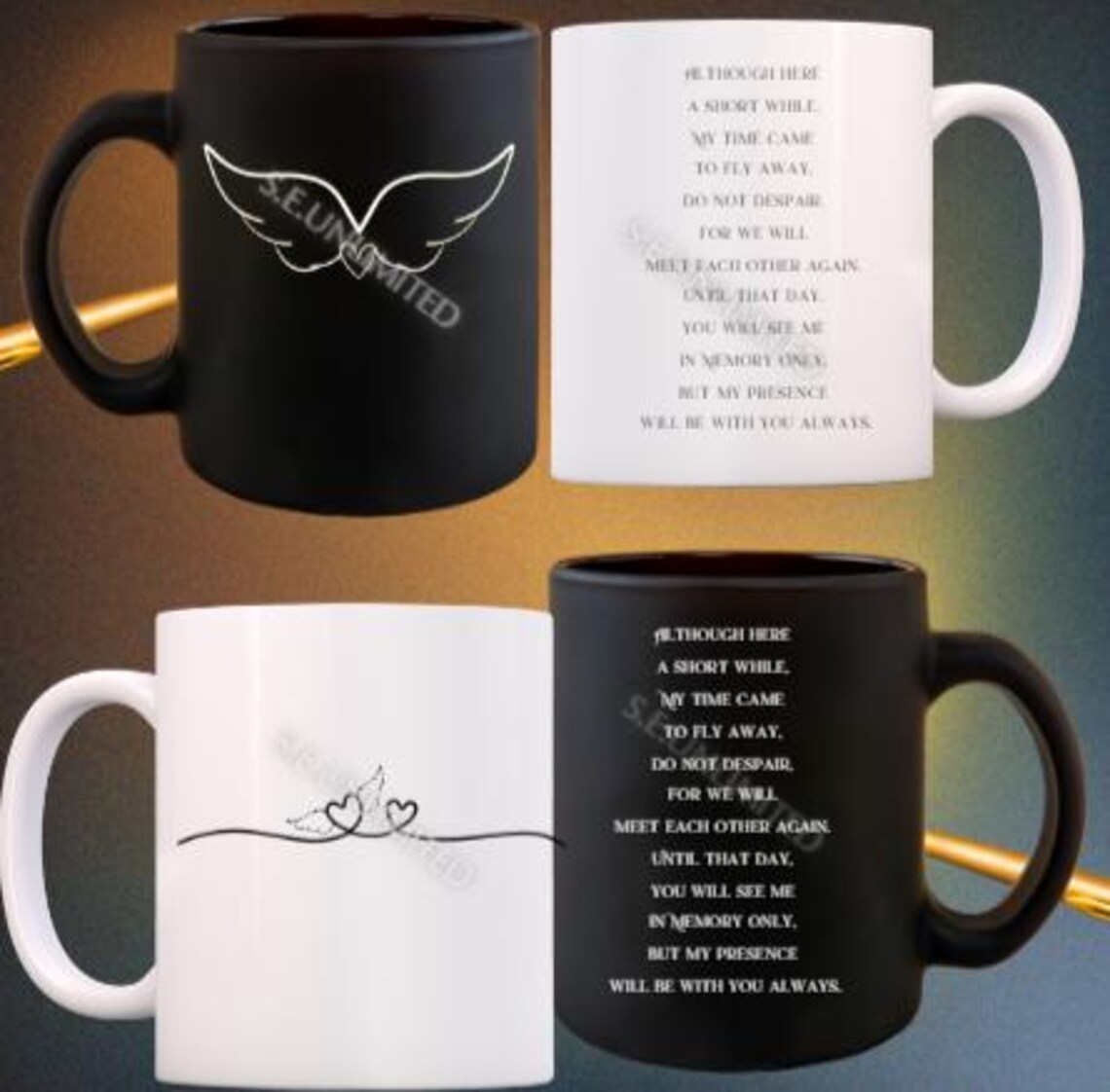 2 Minimalist Line Drawings of Hearts With Wings and Farewell Text ...