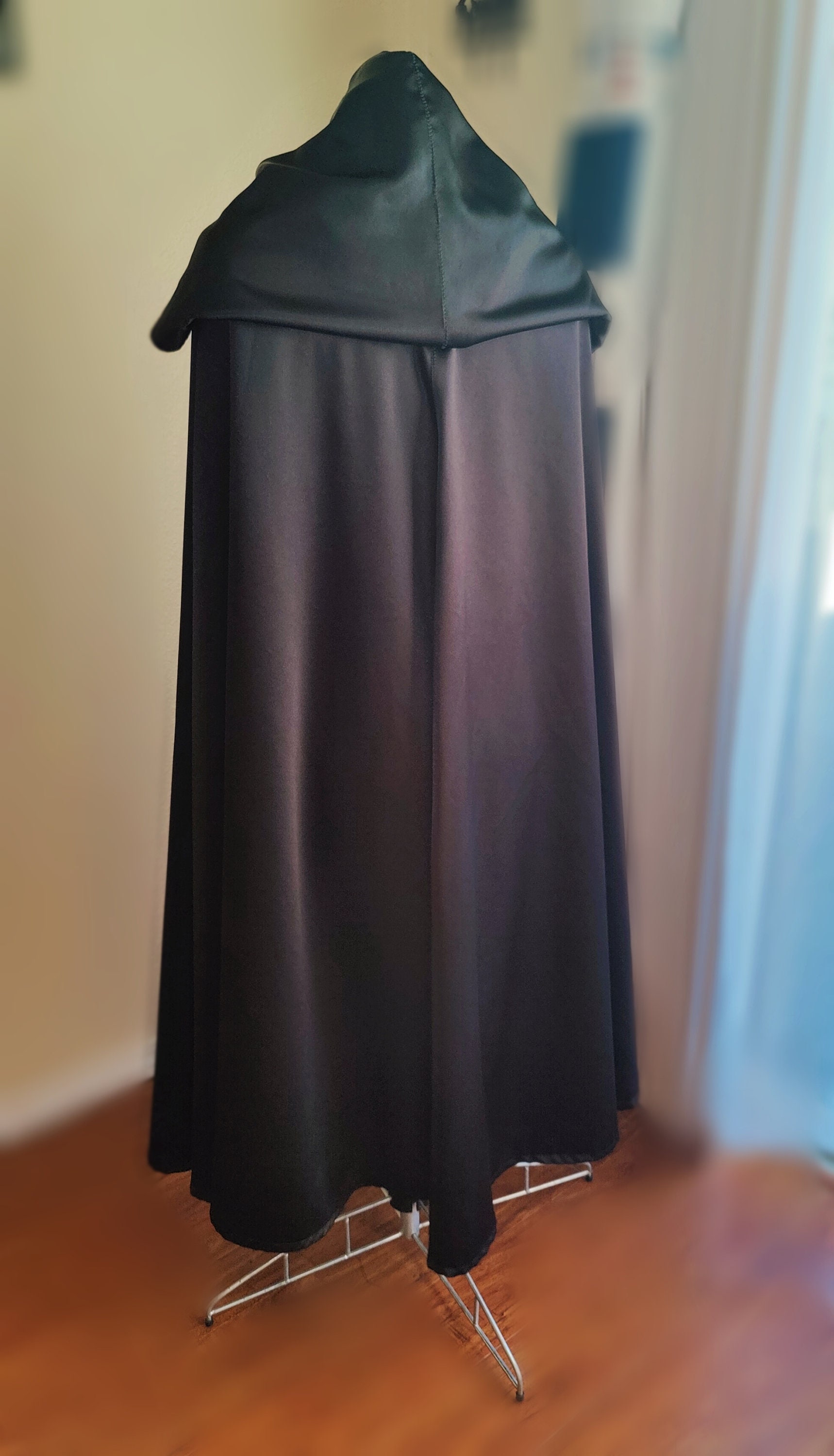 Black Unlined Long Hooded Satin Cape With Oversized Hood Accented Rose ...