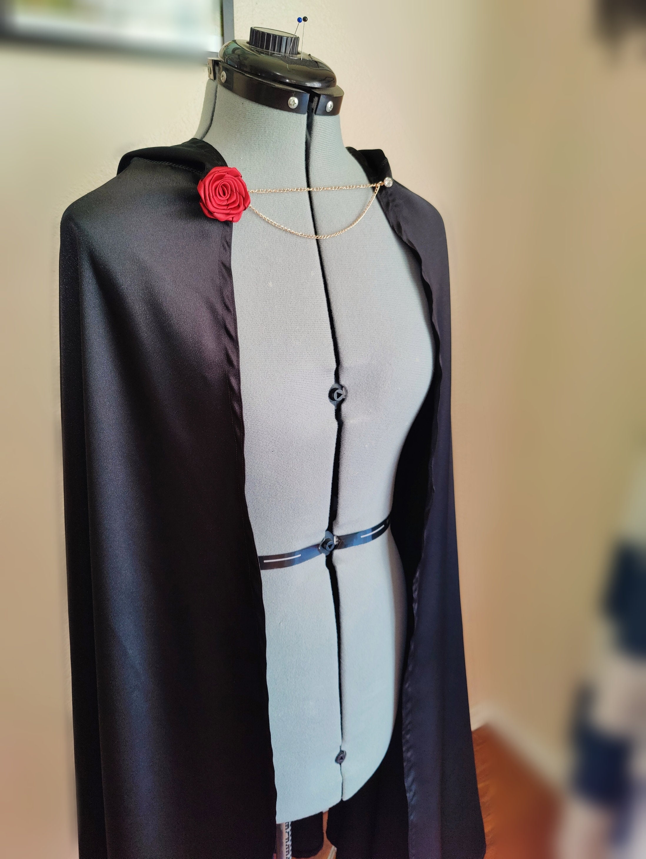 Black Unlined Long Hooded Satin Cape With Oversized Hood - Accented ...