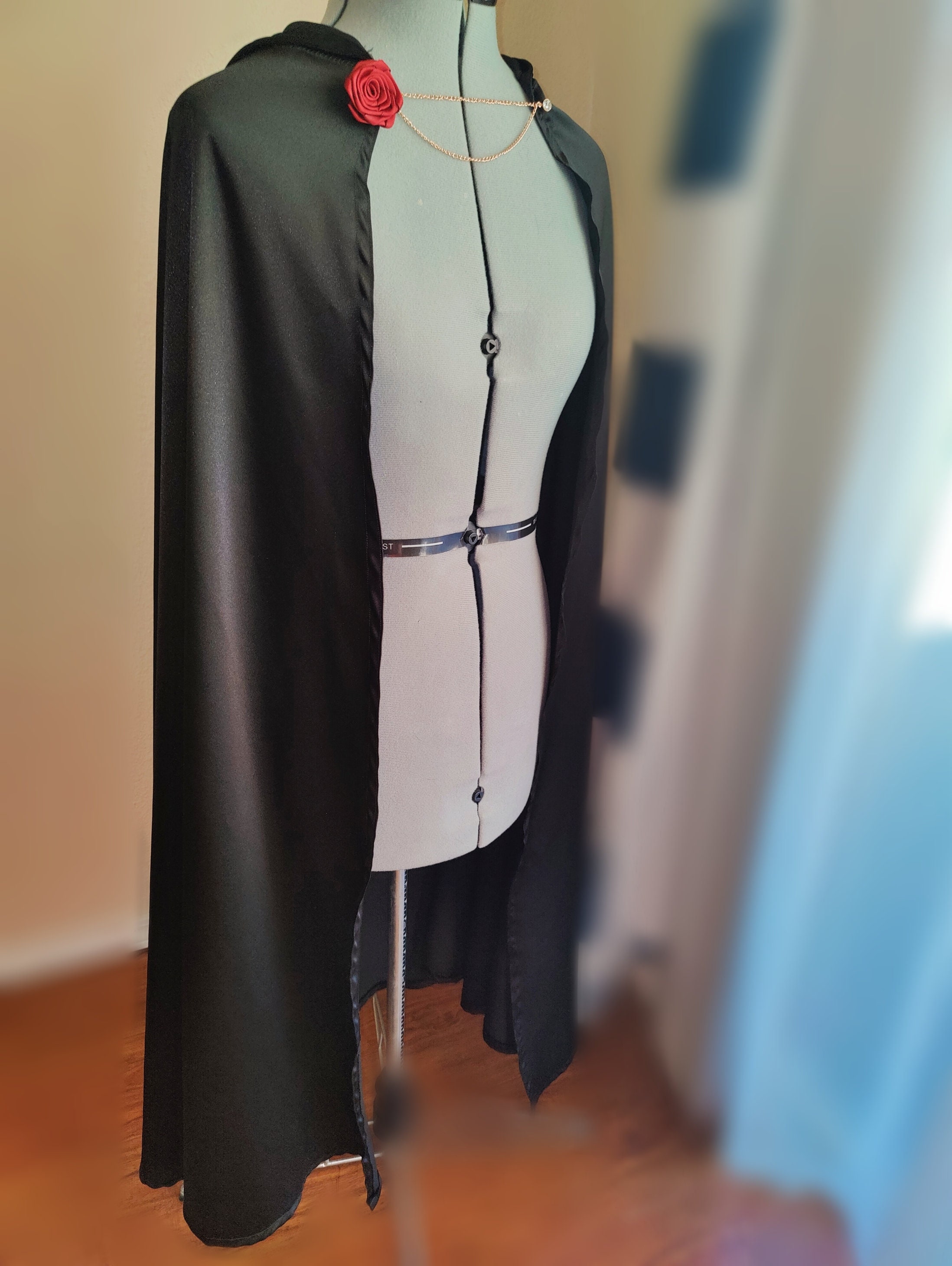 Black Unlined Long Hooded Satin Cape With Oversized Hood - Accented ...