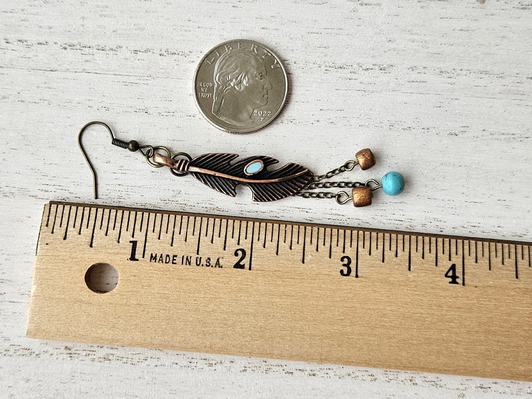 Antique Copper Feather With Chain Dangles Turquoise and Copper Beads ...