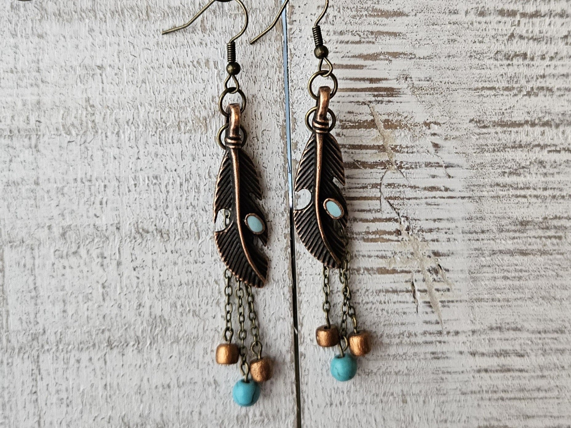 Antique Copper Feather With Chain Dangles Turquoise and Copper Beads ...