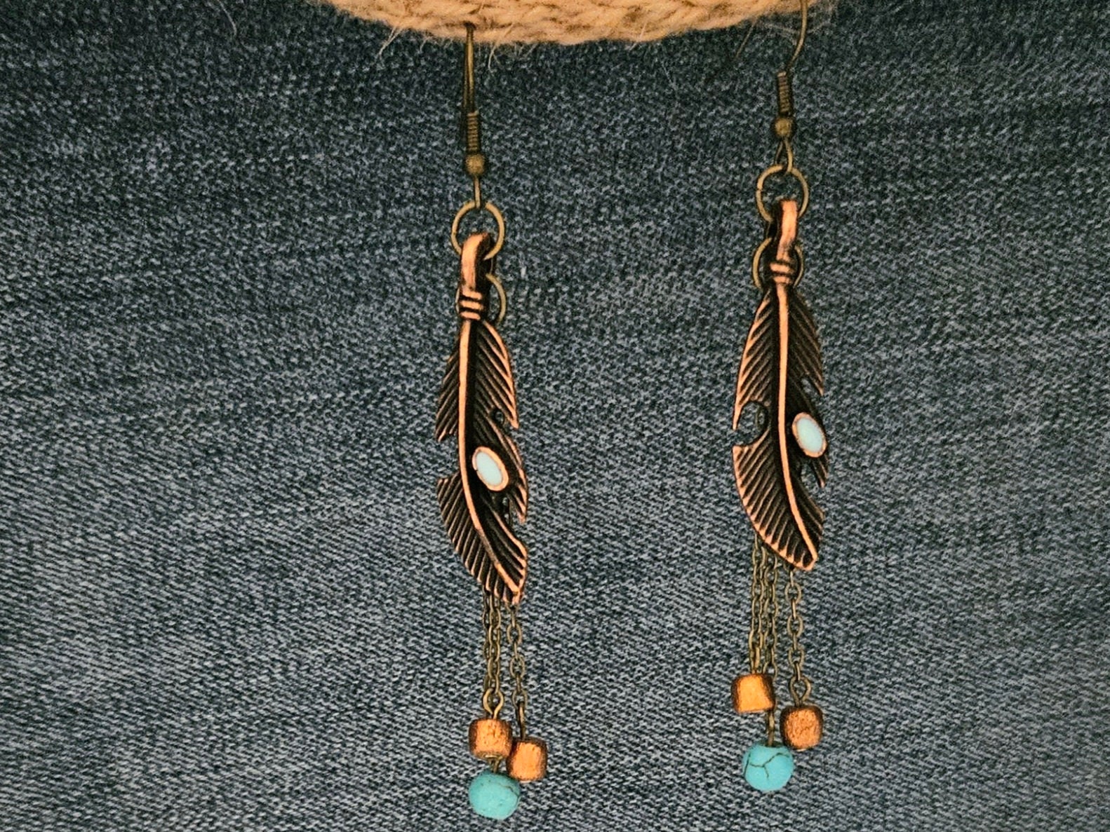 Antique Copper Feather With Chain Dangles Turquoise and Copper Beads ...
