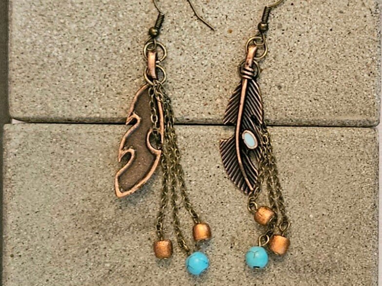 Antique Copper Feather With Chain Dangles Turquoise and Copper Beads ...