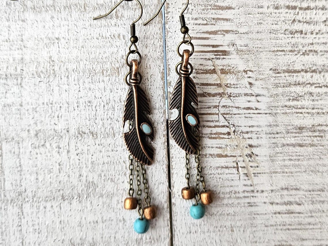 Antique Copper Feather With Chain Dangles Turquoise and Copper Beads ...