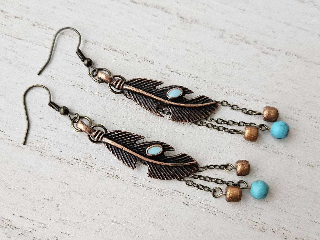Antique Copper Feather With Chain Dangles Turquoise and Copper Beads ...