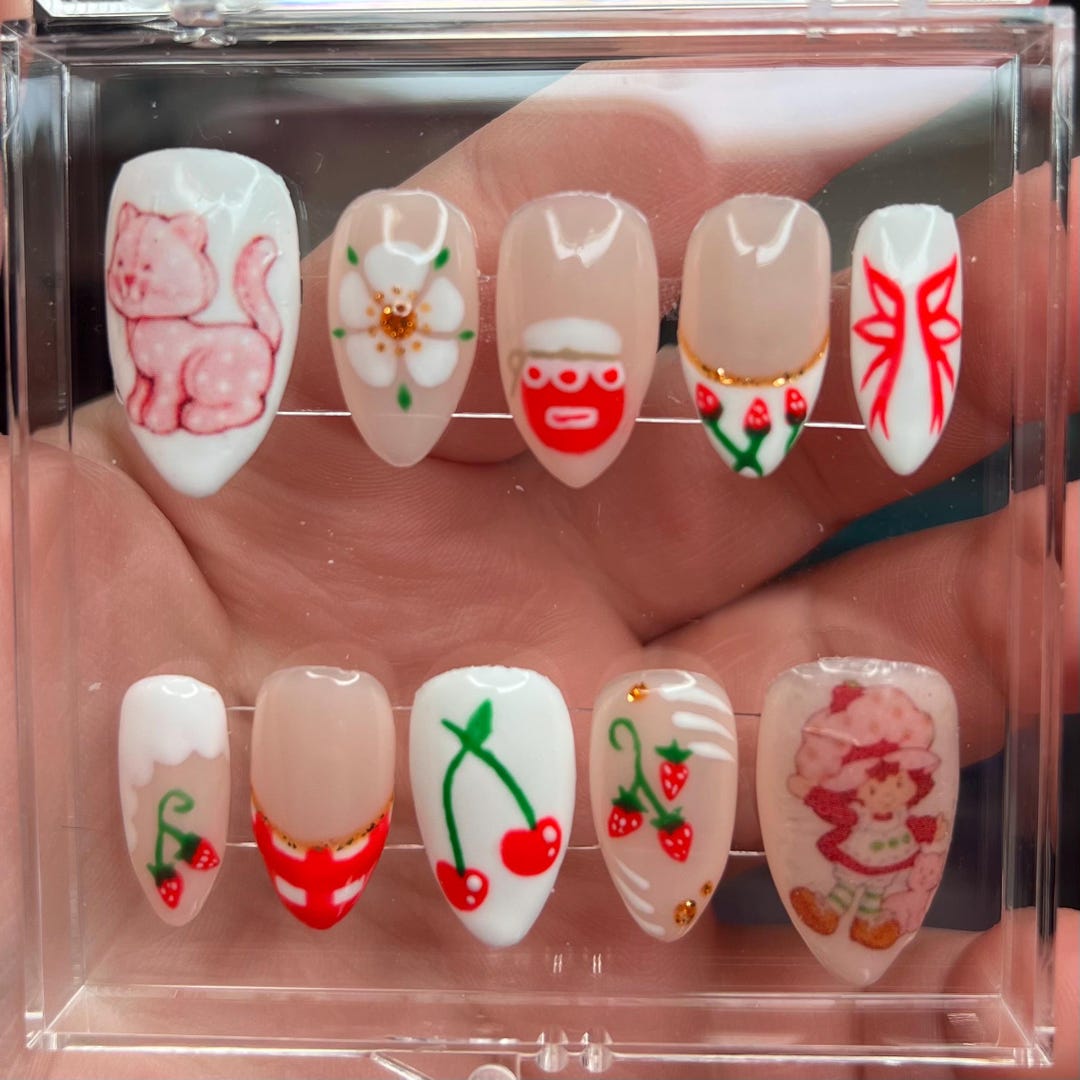 Strawberry Shortcake Custard Inspired Hand Painted Press-on Nails - Etsy