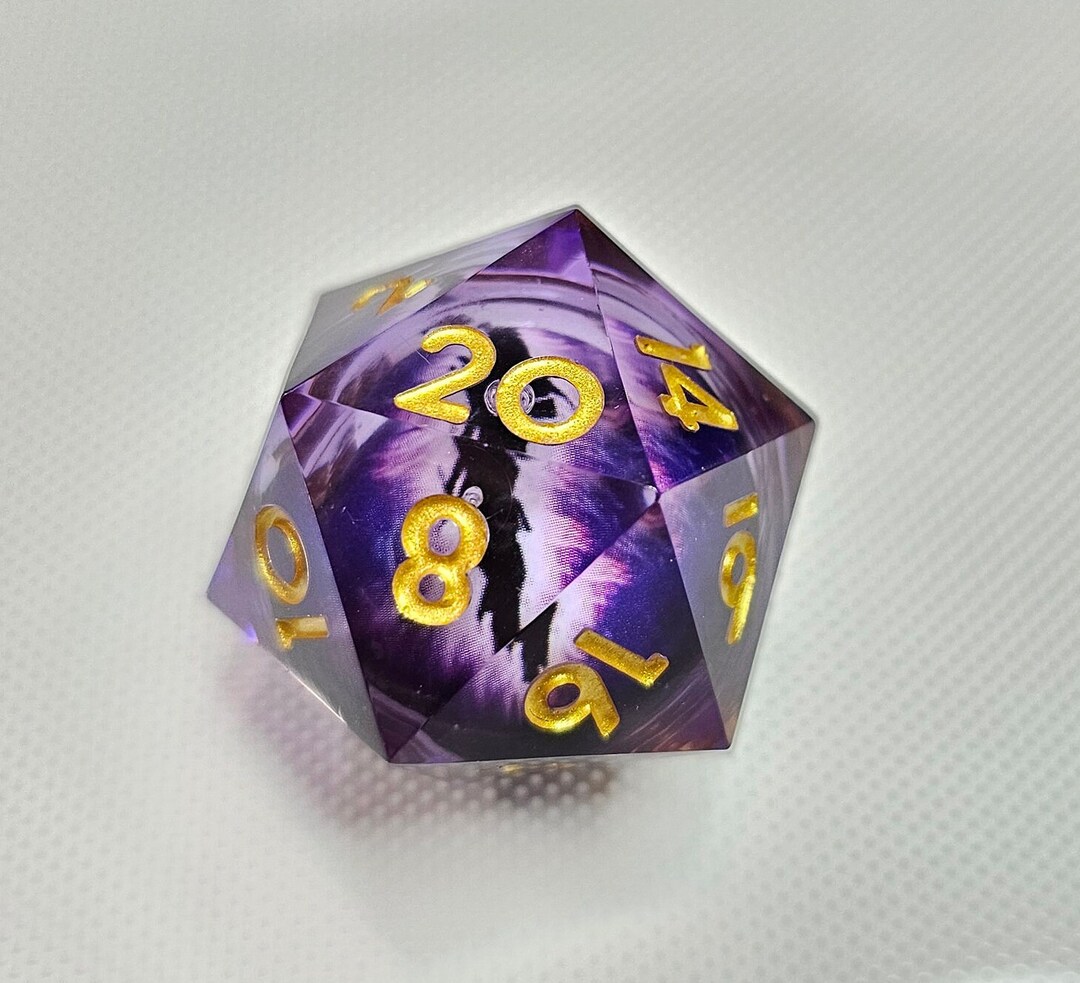 Resin Dice, D20 Dice, Floating Eyeball, Purple Base W/ Gold Writing ...