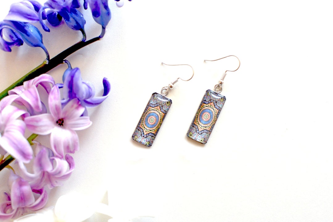 Rectangle Glass Dome Earrings, Tile Design Earrings, Rectangular ...