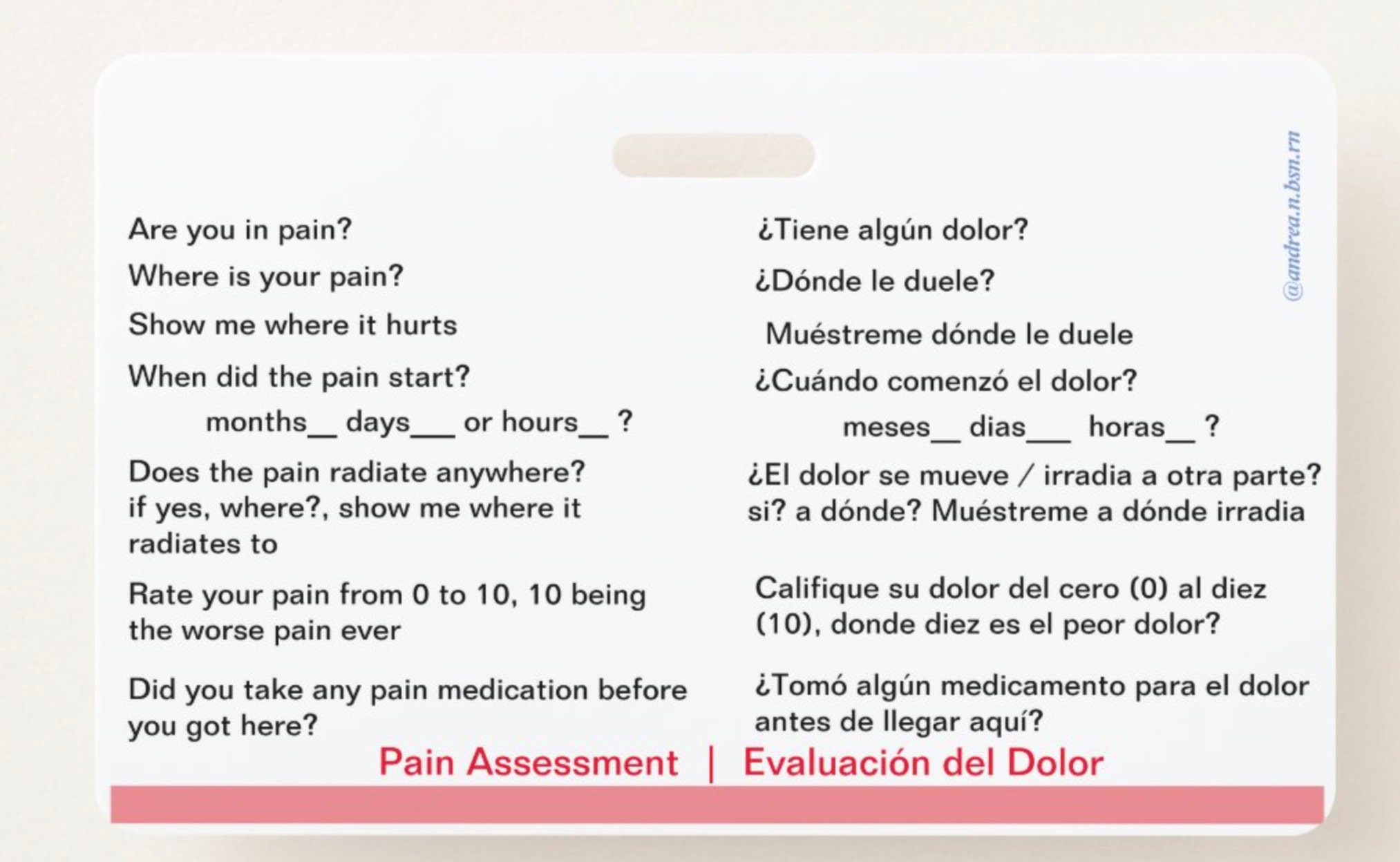 Pain Assessment Badge Card English-spanish - Etsy