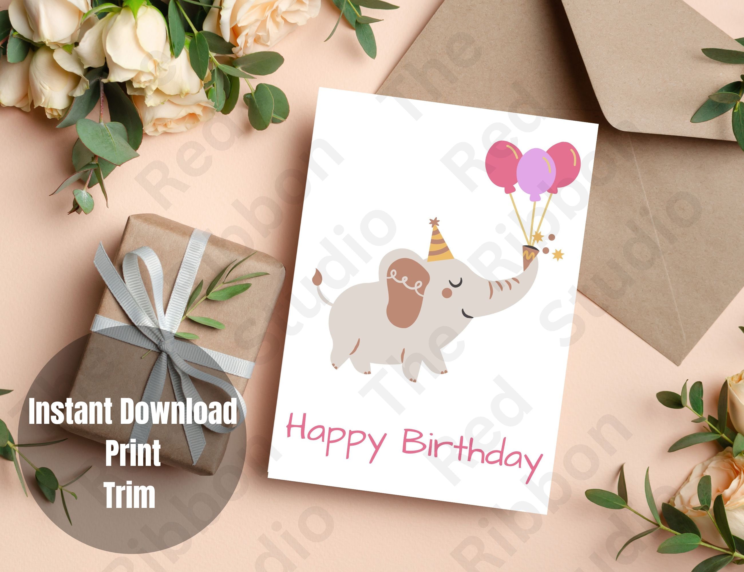 Baby Elephant Birthday Card, Printable Birthday Card for Kids, Happy ...