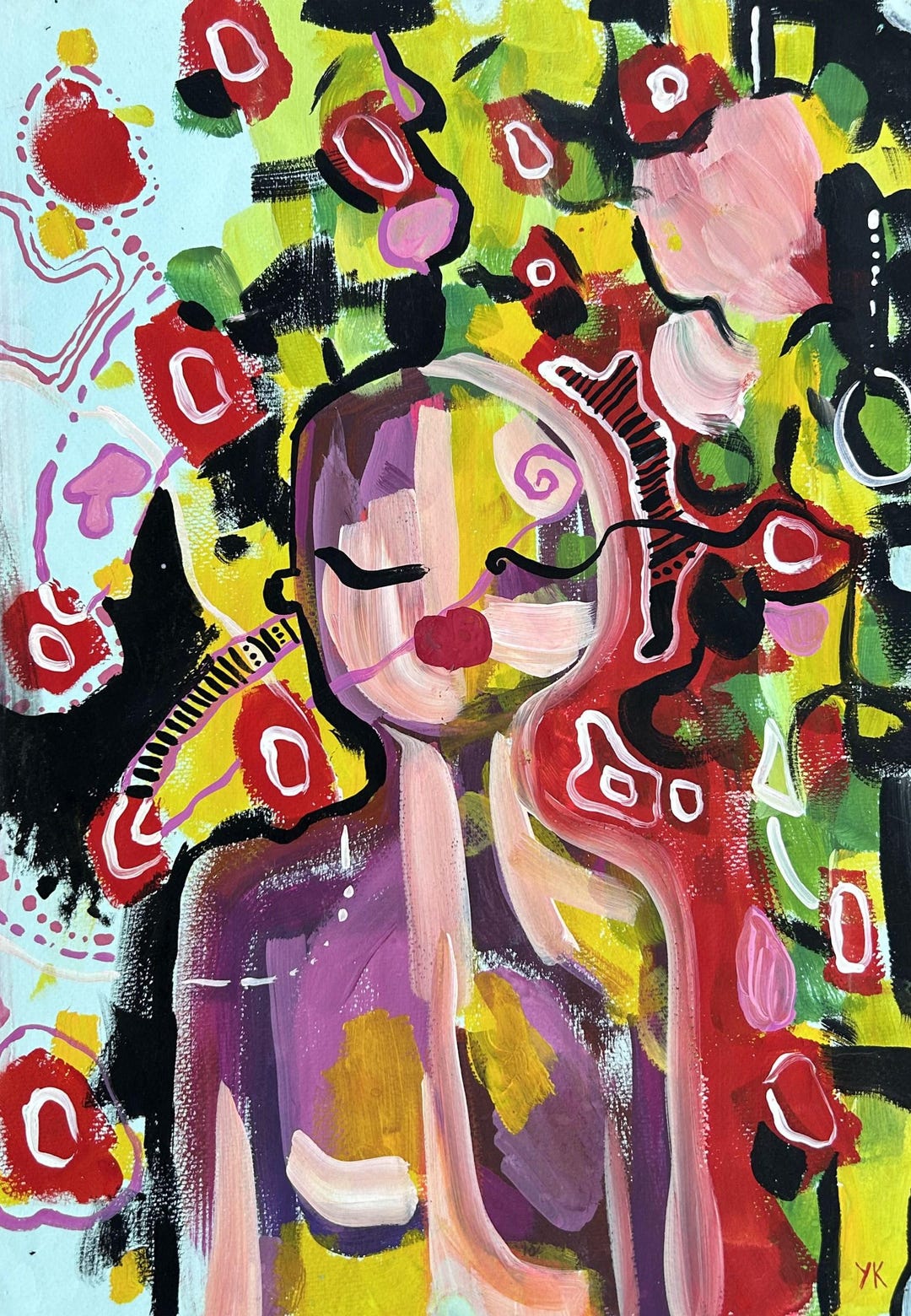 Original Expressionist Painting, Vivid Gouache on Light Blue Paper ...