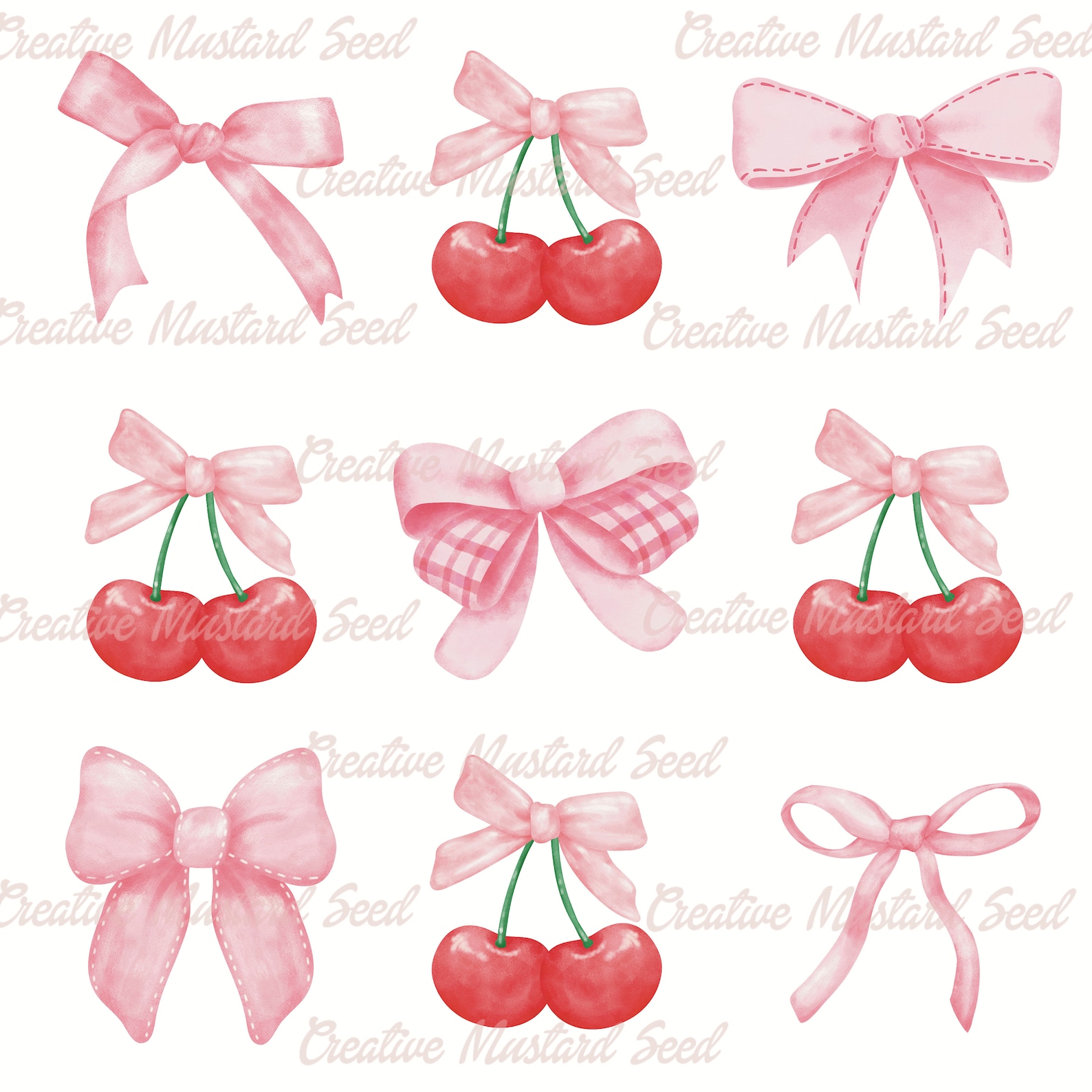 Coquette Pink Bows and Cherries PNG- Digital, DTF, Pink Ribbon, Soft ...