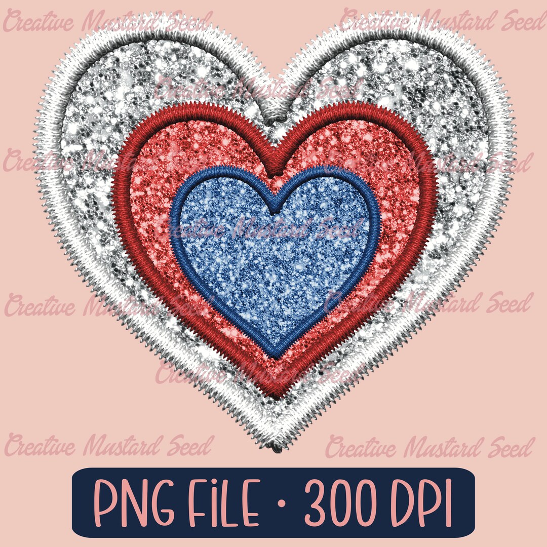 Red, White, & Blue Faux Embroidery Hearts PNG Glitter Hearts, July 4th ...
