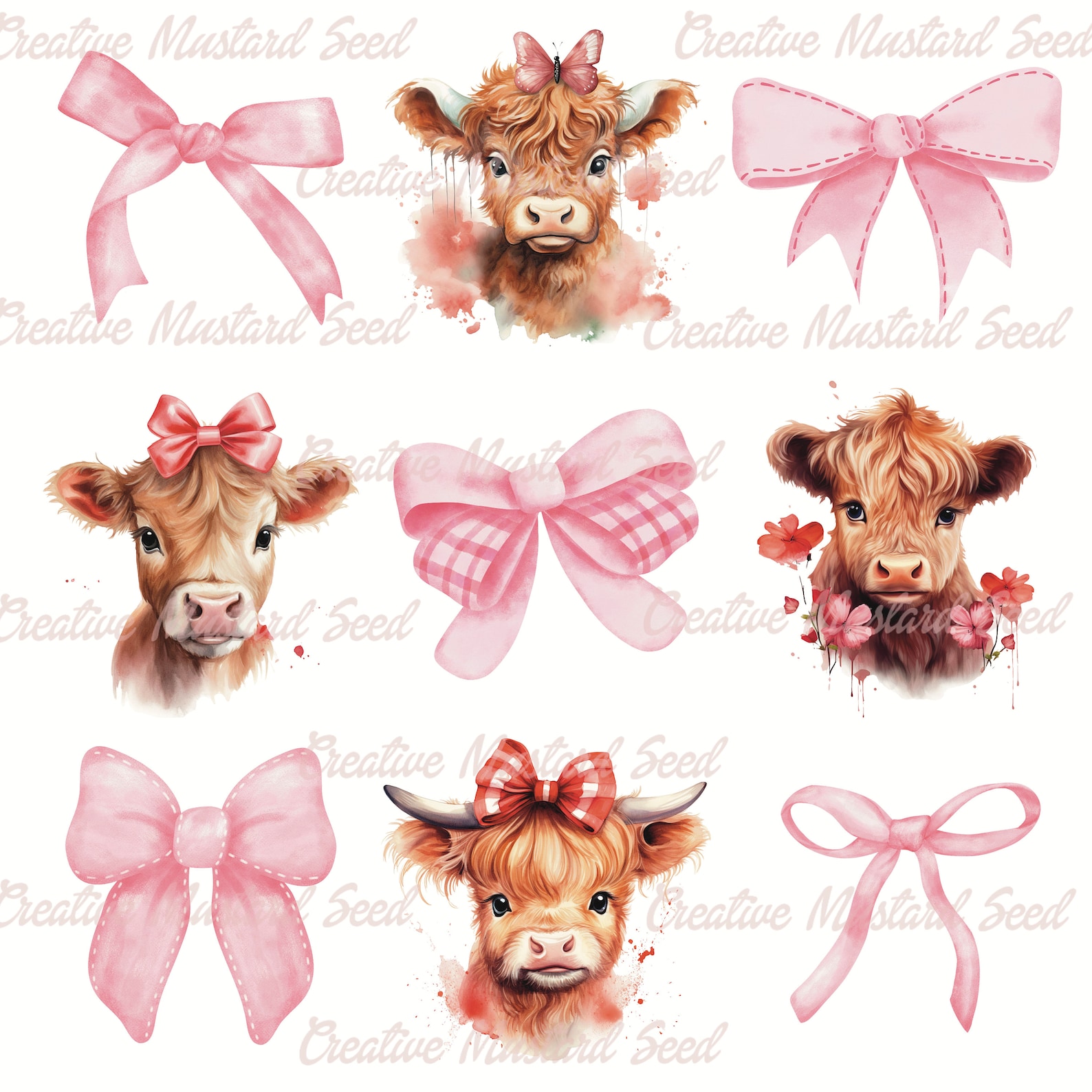 Coquette Pink Bows and Highland Cows PNG- Digital, DTF, Pink Ribbon ...