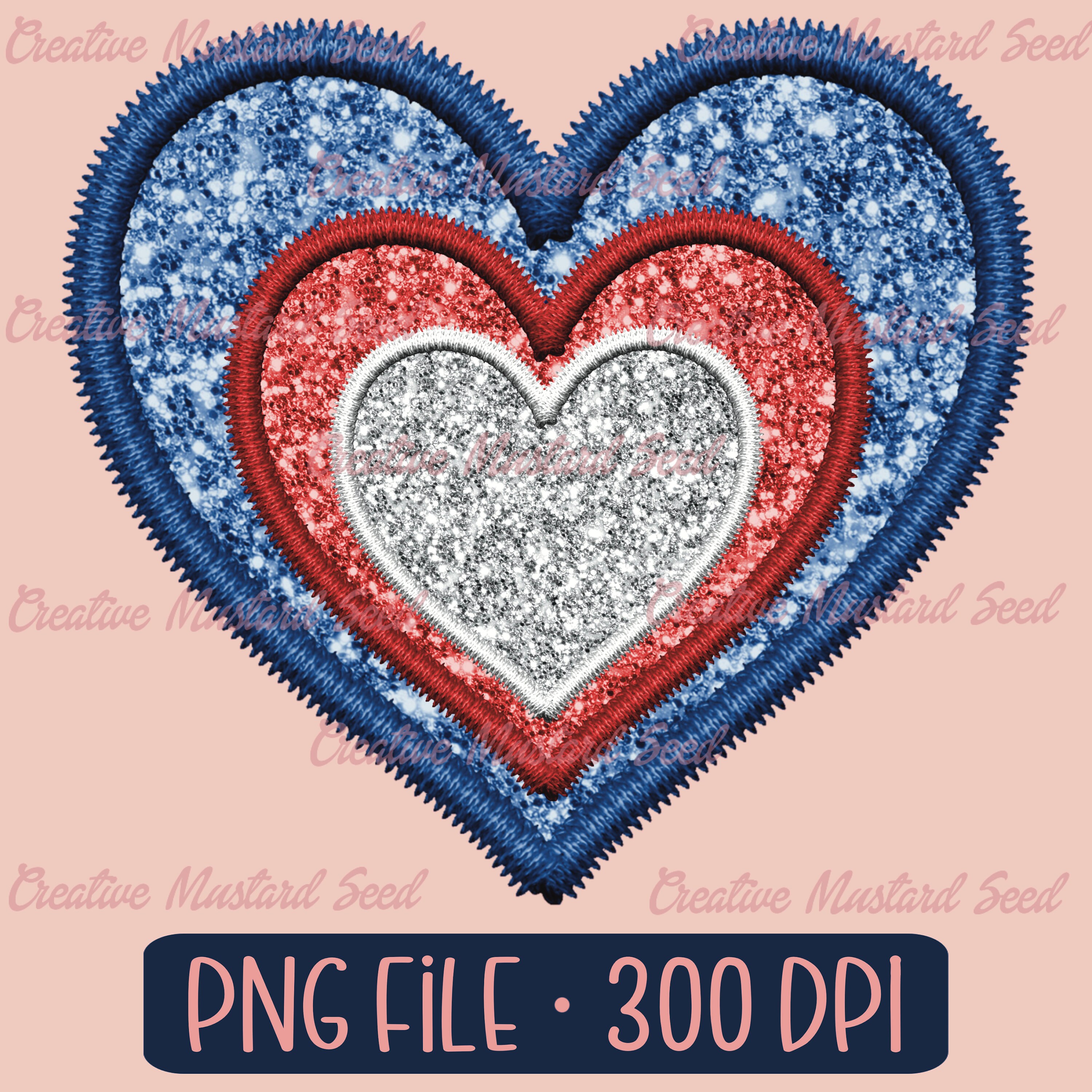 Red, White, & Blue Faux Embroidery Hearts PNG- Glitter Hearts, July 4th ...