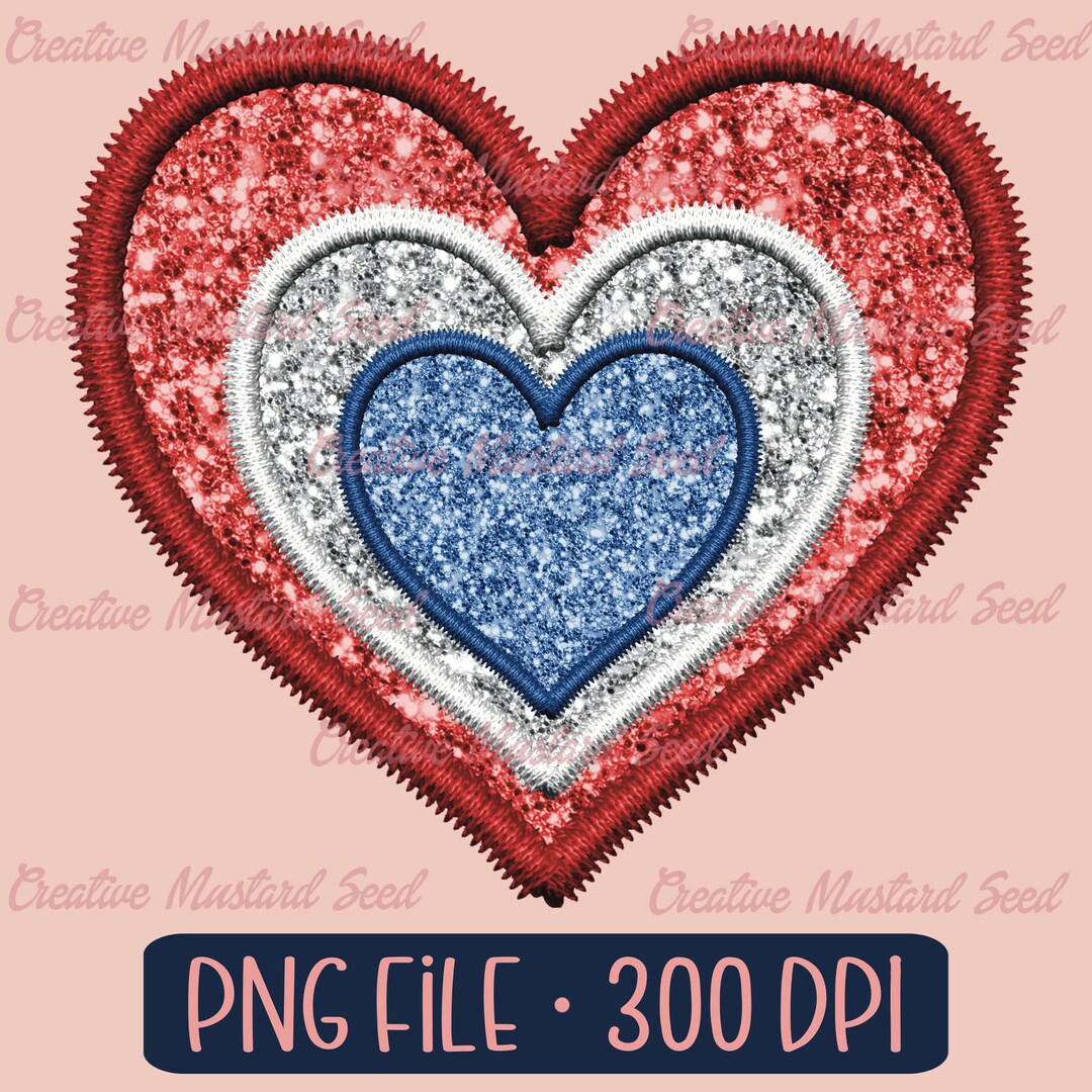 Red, White, & Blue Faux Embroidery Hearts PNG- Glitter Hearts, July 4th ...