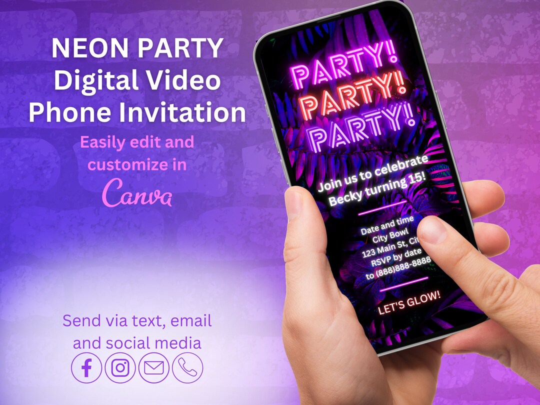 Neon Party Invitation | Neon Birthday Video Invite | Neon Sign Invite ...