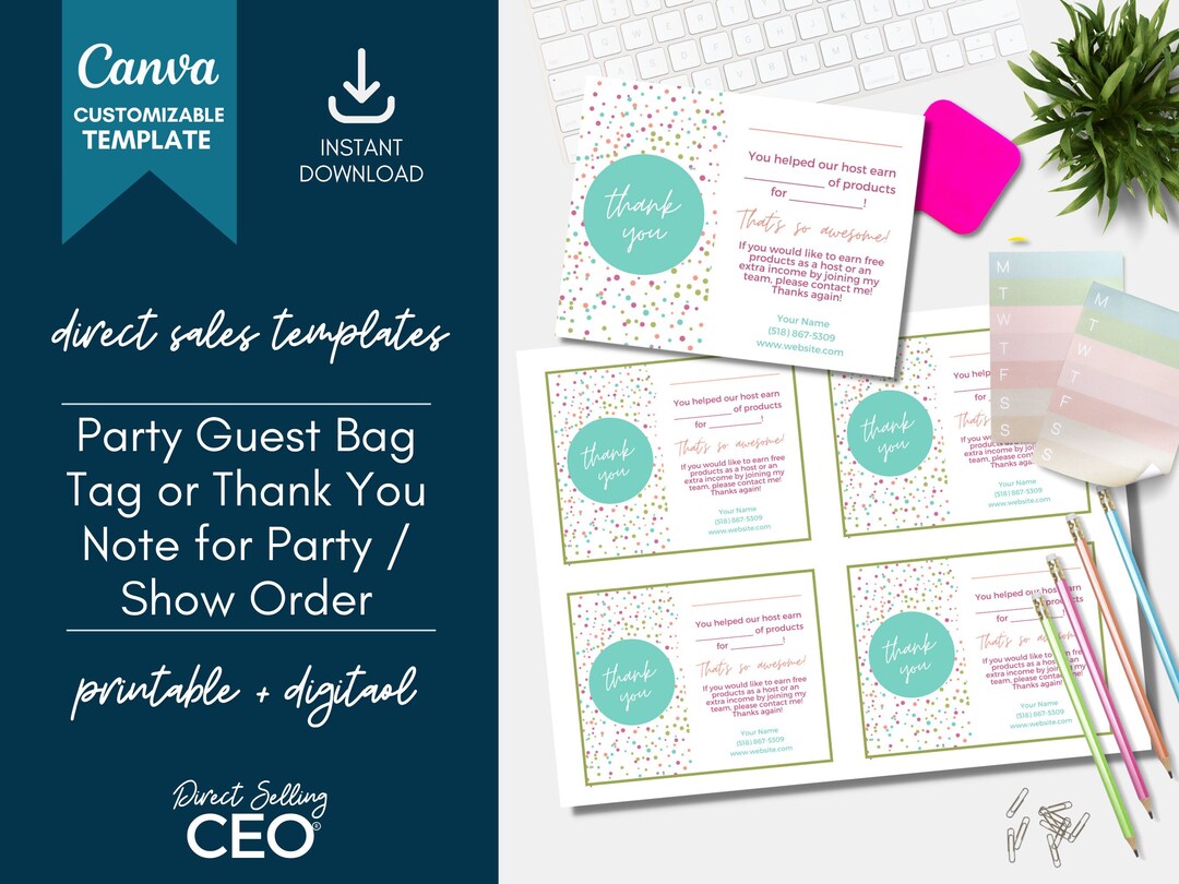 Direct Sales Party Guest Order Tag Thank You Card Template, Editable ...
