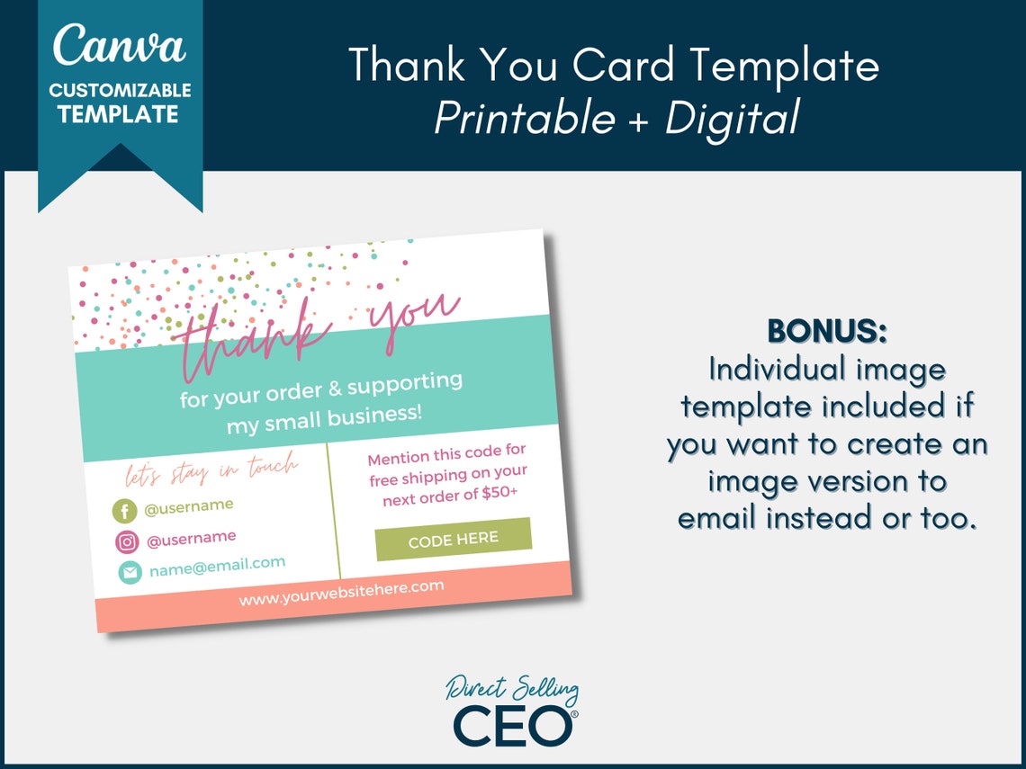 Thank You Card Canva Template, Printable Thank You Card, Editable Thank ...