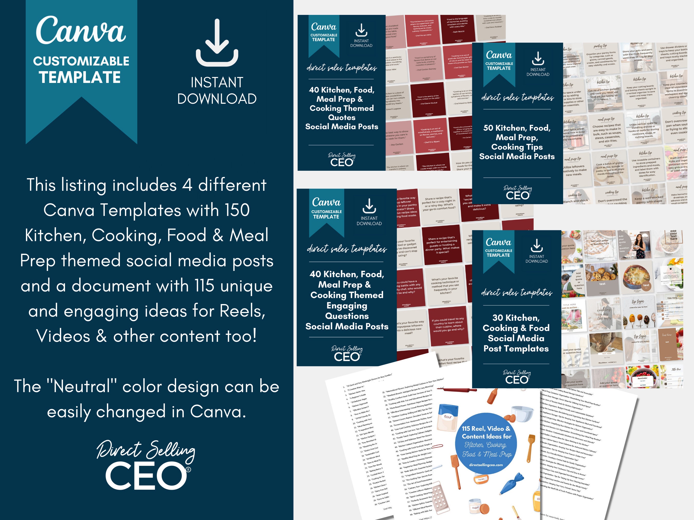 160 Cooking Food Kitchen Instagram Canva Templates, Meal Prep Social ...