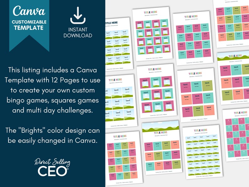 Direct Sales Bingo Squares Multi-day Challenge Canva Template Colorful ...