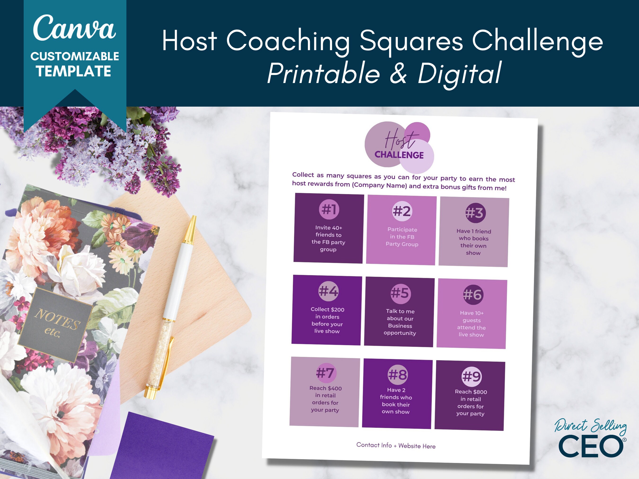 Direct Sales Host Coaching Squares Challenge, Host Coaching Printable ...