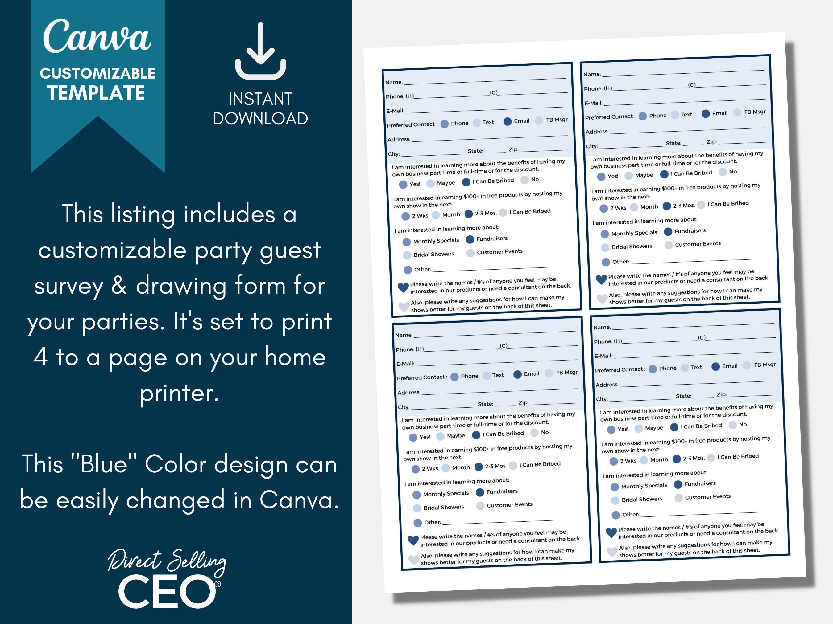 Direct Sales Party Guest Survey Printable, Customer Lead Form, Party ...