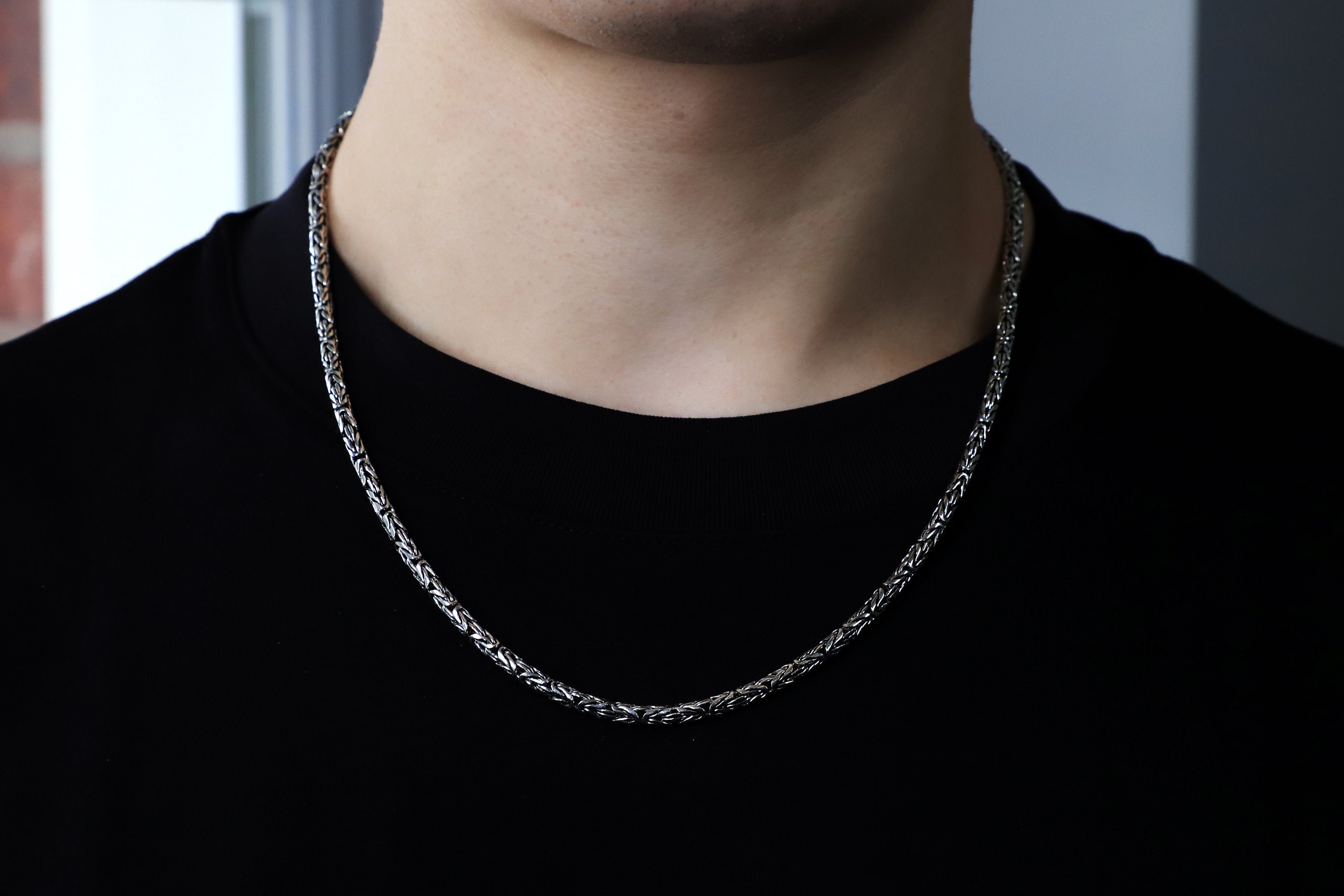 Sterling Silver Byzantine Chain Necklace, 925 Sterling Silver Oxidized ...