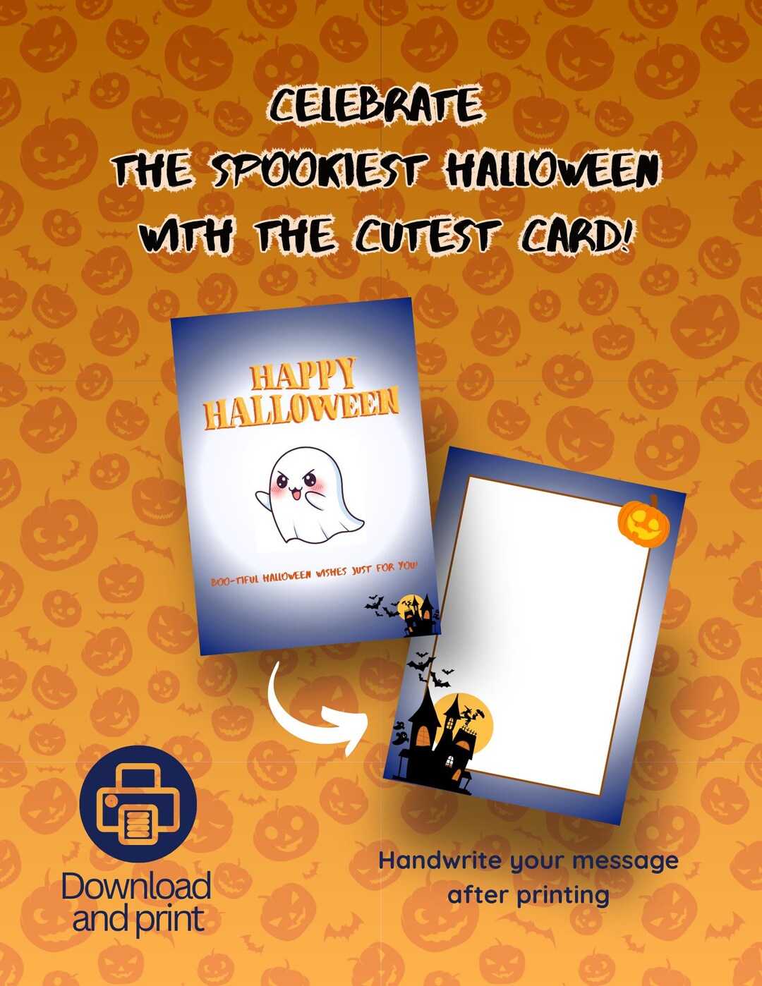7x5" Cute Ghost Halloween Card – Boo-tiful Spooky Greeting – Haunted ...