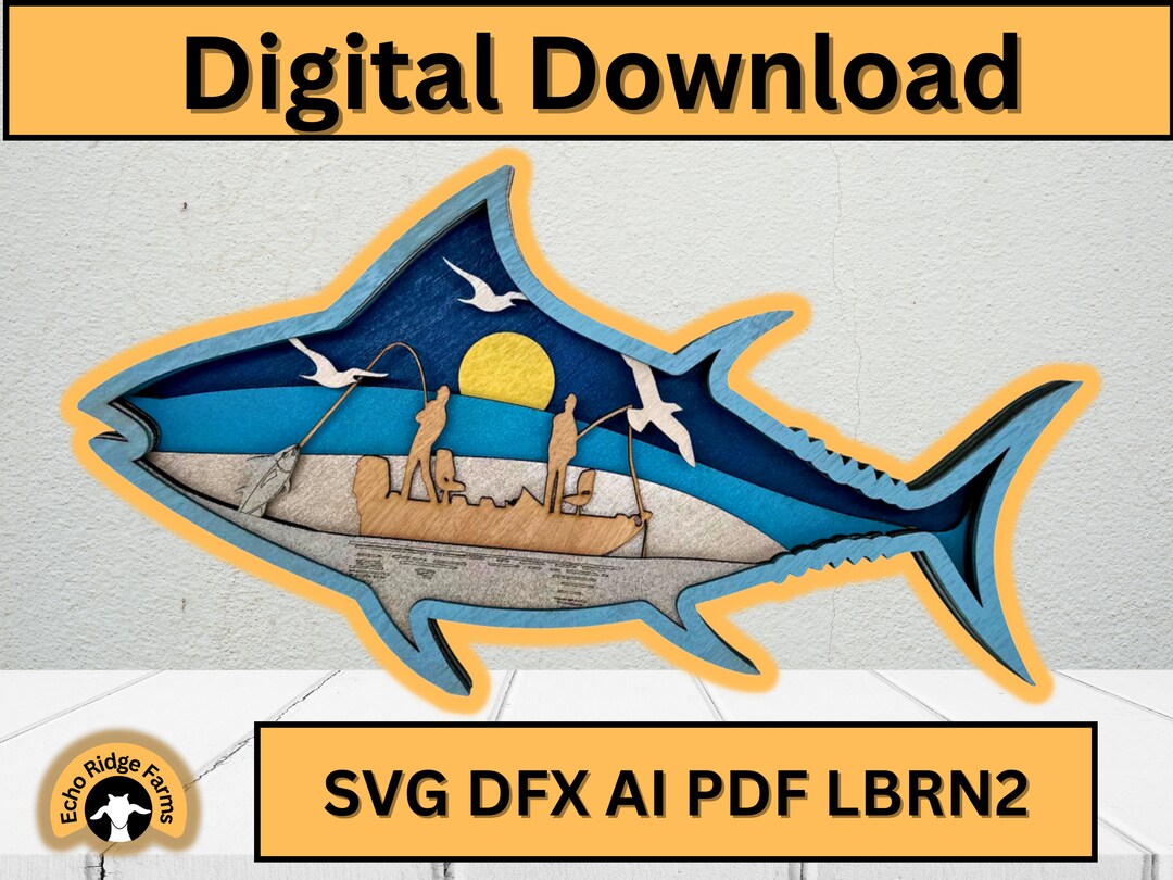 Bluefin Tuna Artwork With Fishing Scene Glowforge Xtool Lightburn SVG ...