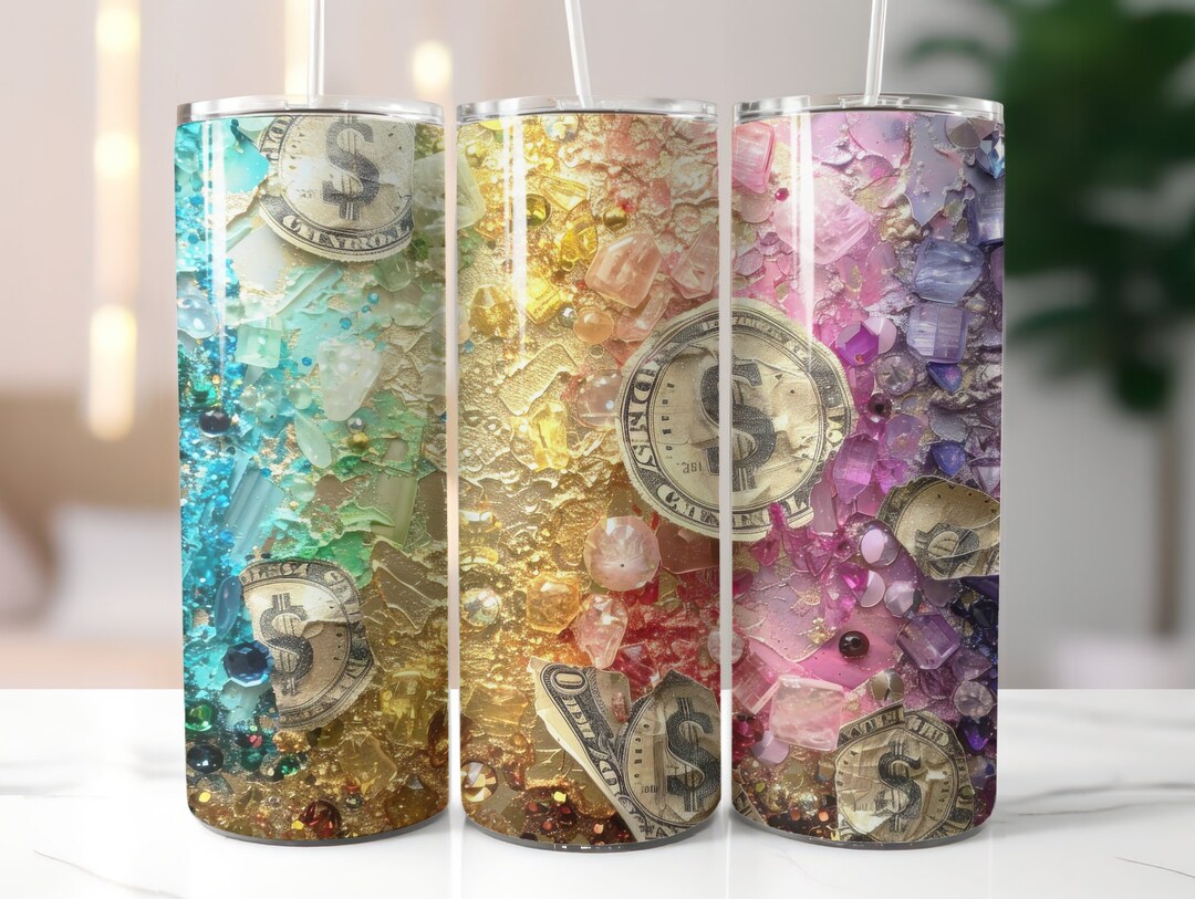 3D Dollar Bill Glitter 20 Oz Skinny Tumbler Sublimation Design, 3D ...
