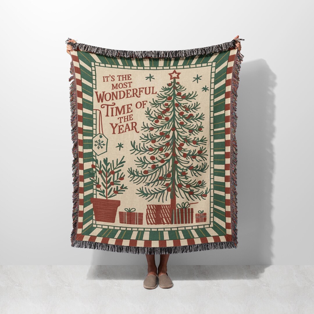 Vintage Christmas Tree Natural Cotton Blanket, Holiday Throw, Winter ...