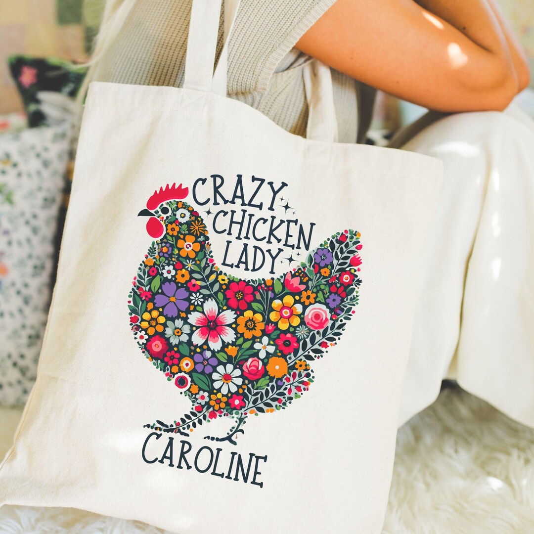 Personalized Crazy Chicken Lady Gifts Colorful Floral Chickens Tote Bag ...