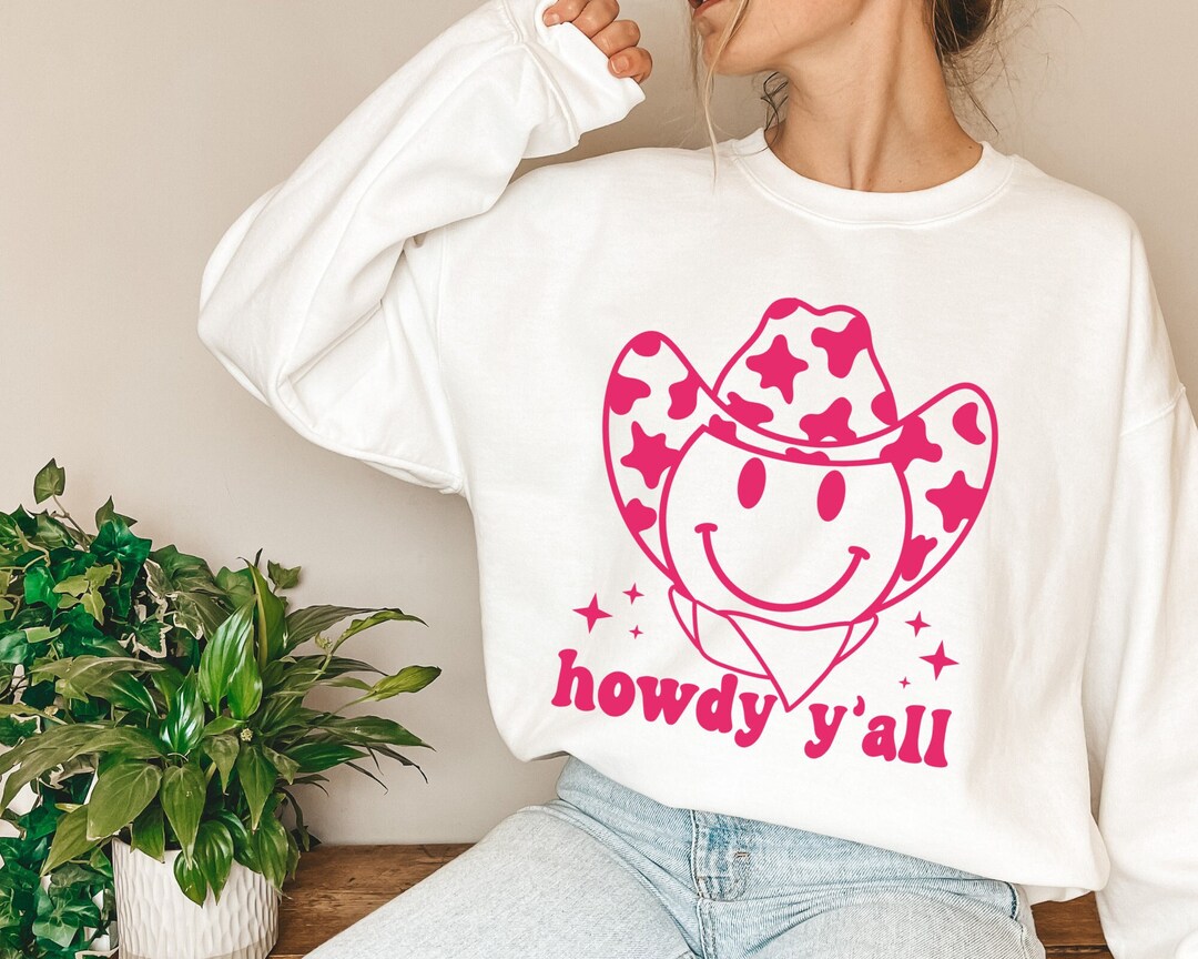 Howdy Y'all Cowboy Hat Smiley Western Sweatshirt, Oversized Retro ...